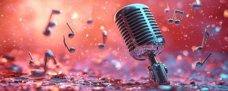 Retro Microphone in Vibrant Neon Lights with Musical Notes Around Stock ...