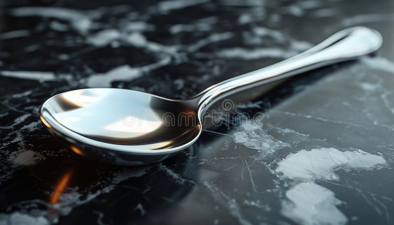 A Classic Silver Spoon Lies on a Dark Marbled Surface with Reflections ...