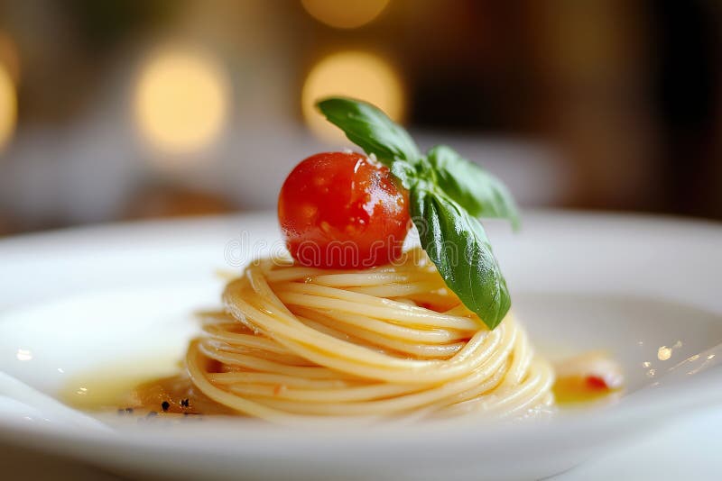Classic Spaghetti Aglio E Olio Dish Garnished with Cherry Tomato and ...