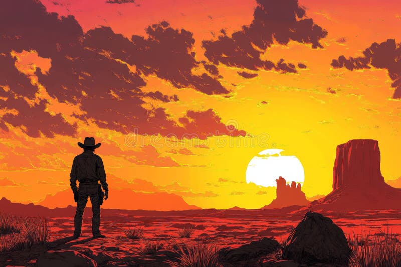 In a Classic Spaghetti Western Setting, a Solitary Cowboy Rides Stock ...