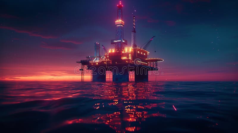 A Classic Spar with Oil Drilling Platform on the Ocean Surface at Dawn ...