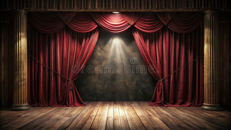Classic Stage Setting with Crimson Curtains and Wooden Floor ...