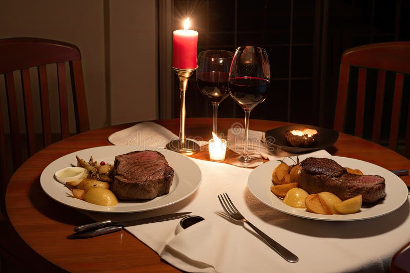 Classic Steak and Potato Dinner for Two, with Candlelight and Wine Stock Illustration ...