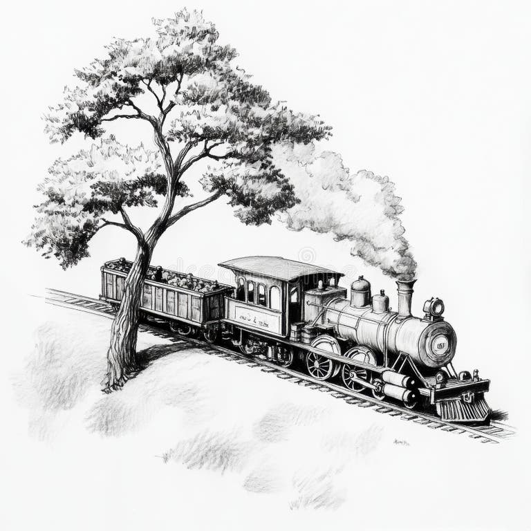 Classic Steam Locomotive Travels Alongside a Large Tree Creating ...