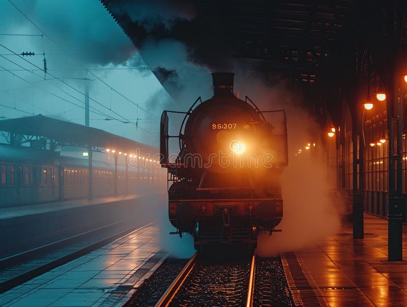 Classic Steam Train Arrival on Misty Railway Platform Stock ...