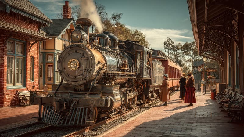 A Classic Steam Train Arrives at a Vintage Train Station, with People ...