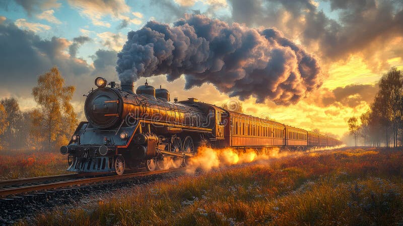 A Classic Steam Train Chugs Along Tracks at Sunset, Surrounded by ...