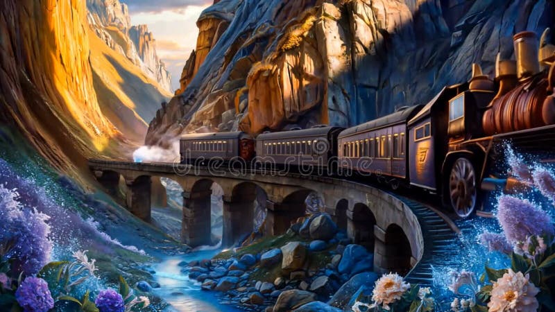 Classic Steam Train on Magical Fantasy River Bridge Stock Footage ...