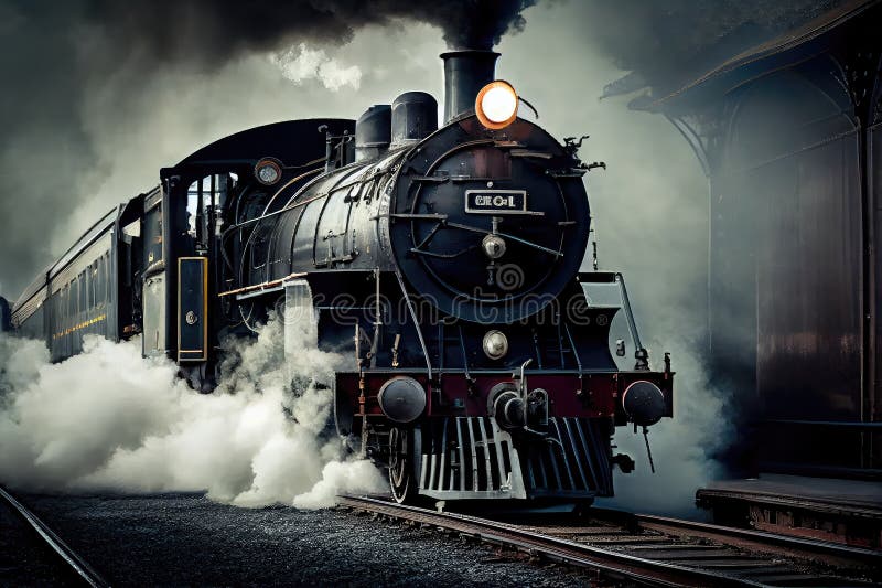 Classic Steam Train Pulling Out of Station, with Smoke and Steam ...