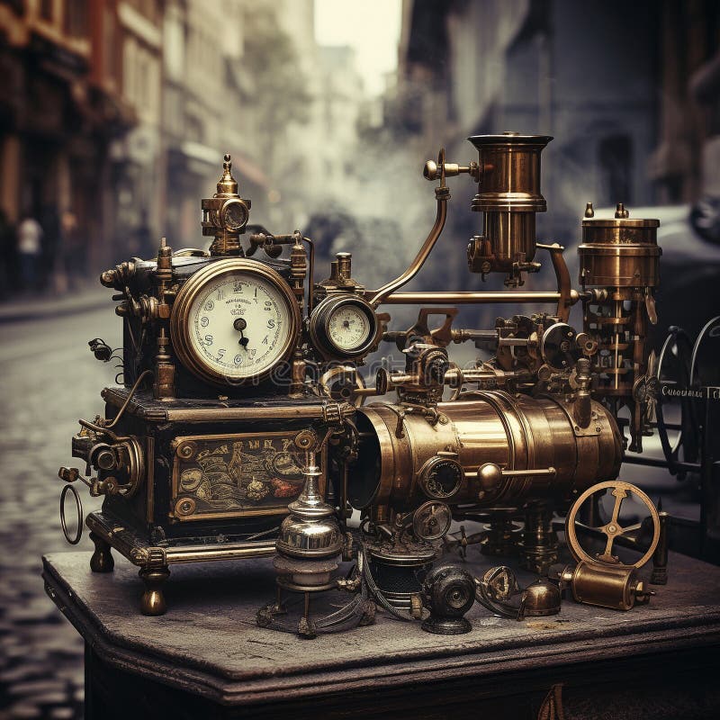 Classic Steampunk Professional Background. Steampunk Streets with Lanterns Stock Illustration ...