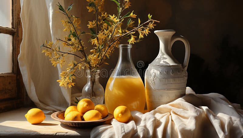 Classic Still Life with Lemons and White Linen Fabric Stock ...