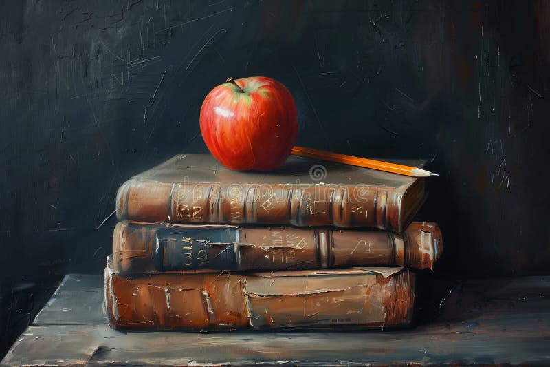 Classic Still Life Painting of a Stack of Old Books with a Red Apple ...