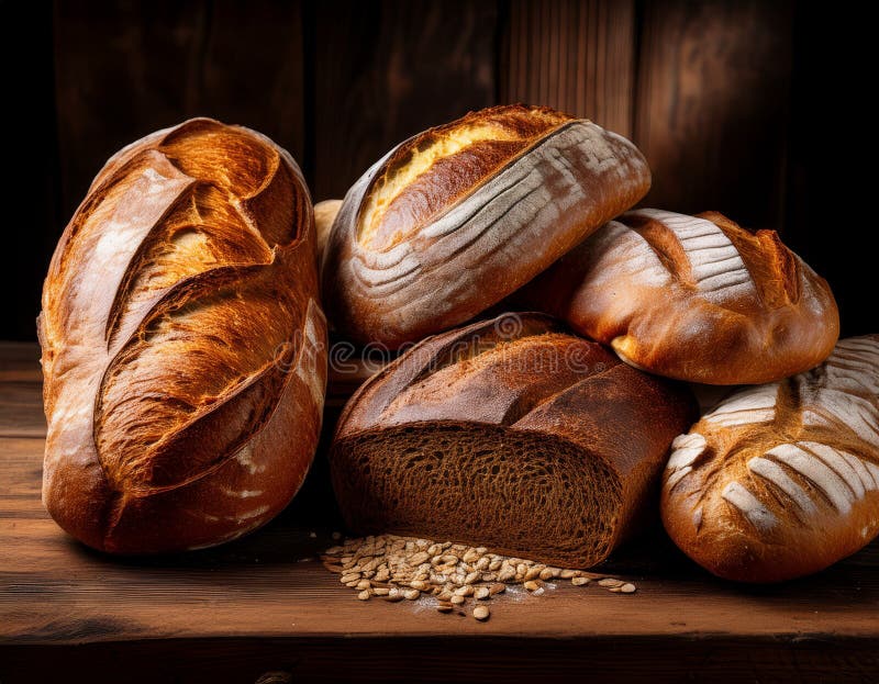 A Classic Still Life of Various Artisan Bread Loaves Arranged on an ...