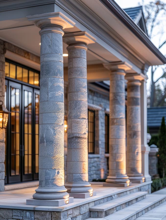 Classic Stone Columns at Building Entrance, Illuminated at Twilight ...