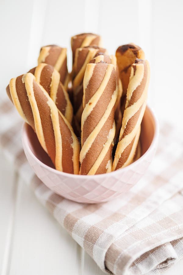 Classic Striped Cookies in Bowl on White Table Stock Image - Image of ...