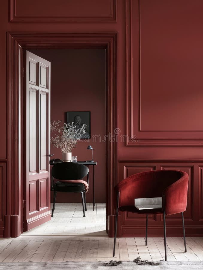A Classic Study Room Framed with Deep Red Walls and Vintage Textures ...