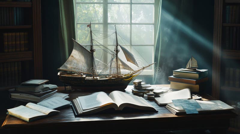 Classic Study Room Table Featuring Old Books and a Ship Replica Stock ...