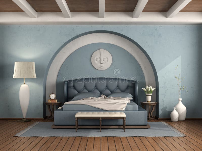 Classic Style Bedroom with a Blue Bed on the Arch Wall Stock ...