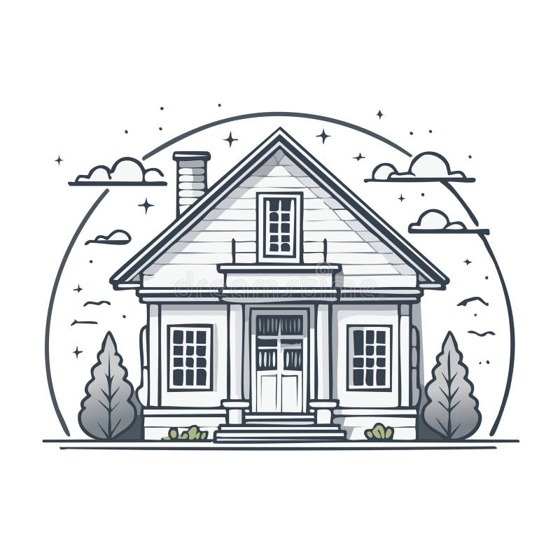 Classic Style House Exterior Drawing with Trees and Clouds Stock Vector ...