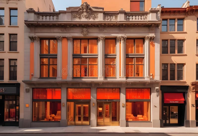 A Classic-style Storefront with Large Windows, Red Doors, and a Sign ...