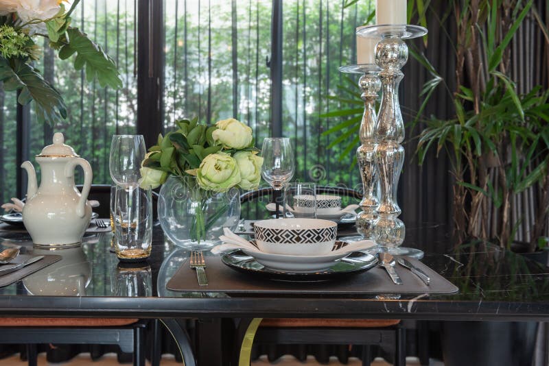 Classic Style Table Set on Dining Table Stock Image - Image of cloth ...