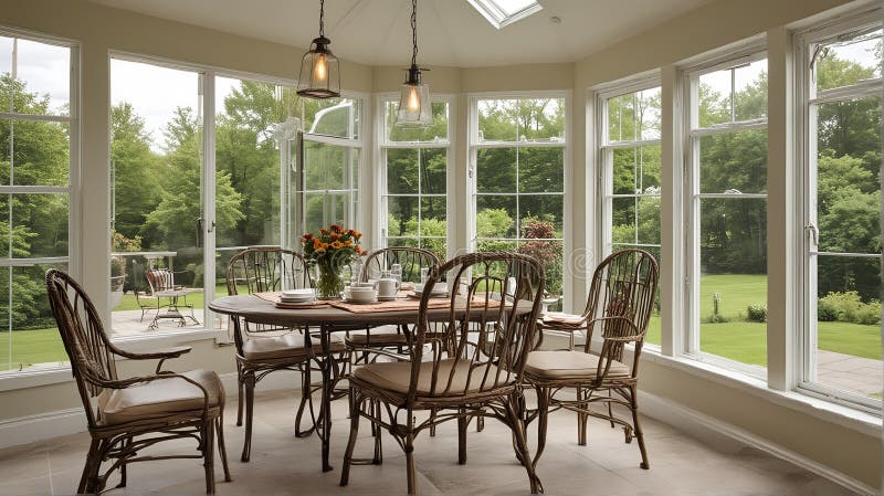 Classic Sun Room with a Dining Table and Chairs for Enjoying Meals with ...