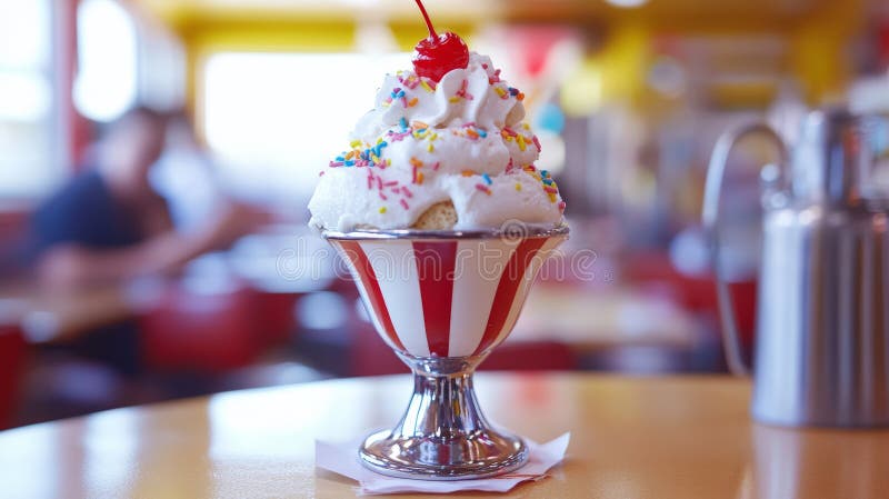 Classic Sundae with Whipped Cream, Sprinkles, and Cherry in Retro Diner ...