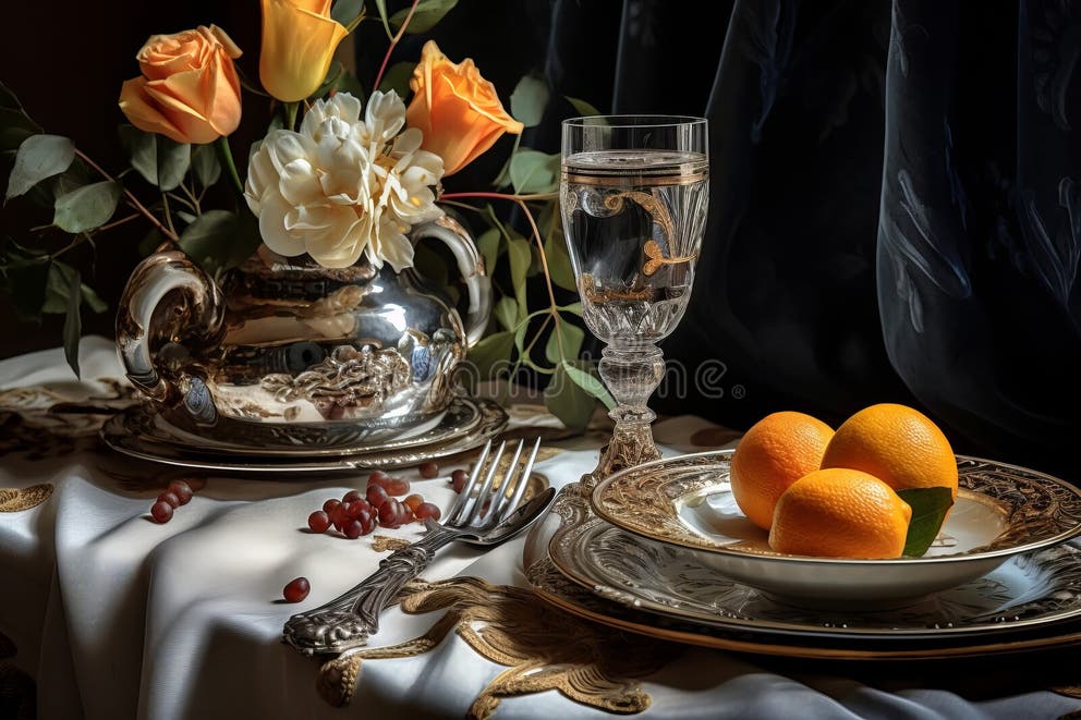 Classic Table Setting in Dark Colors Stock Photo - Image of orchid, napkin: 301146378