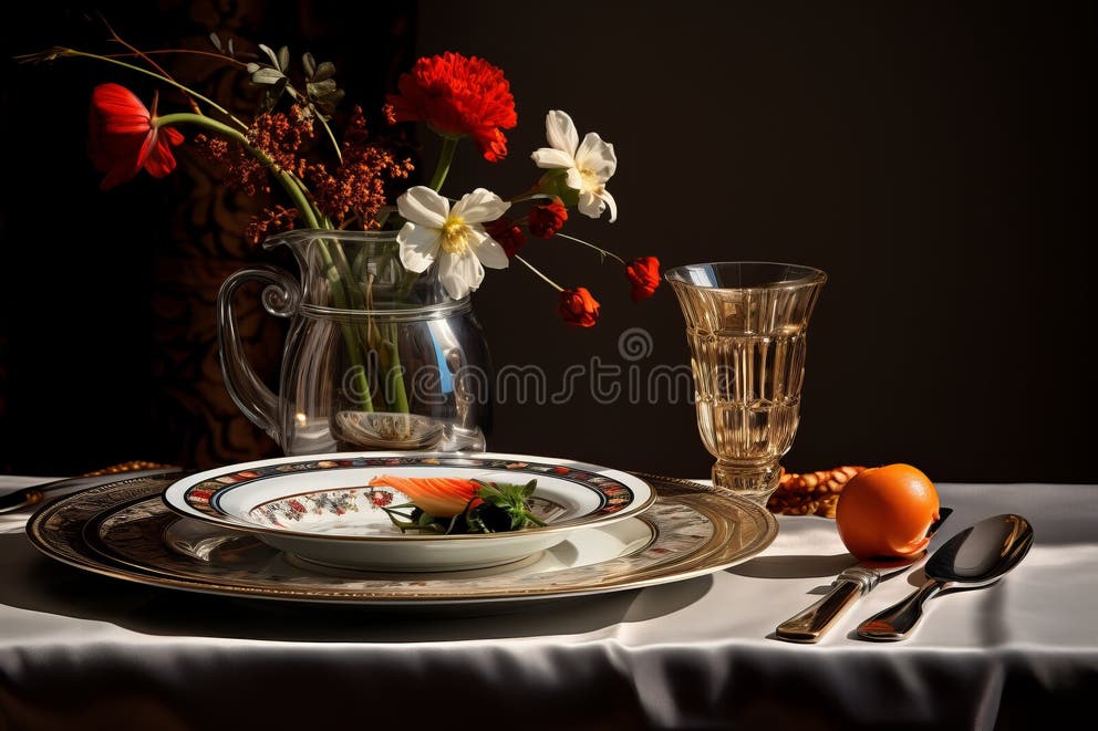 Classic Table Setting in Dark Colors Stock Photo - Image of decorated, dark: 303311876