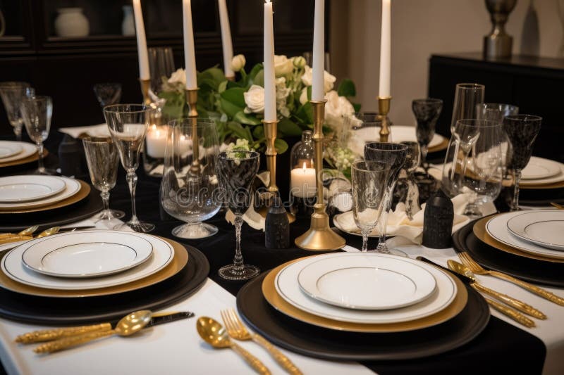 Classic Table Setting with White Dinnerware, Crystal Glasses, and ...
