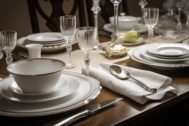 Classic Table Setting with White Plates, Silverware and Glassware Stock ...