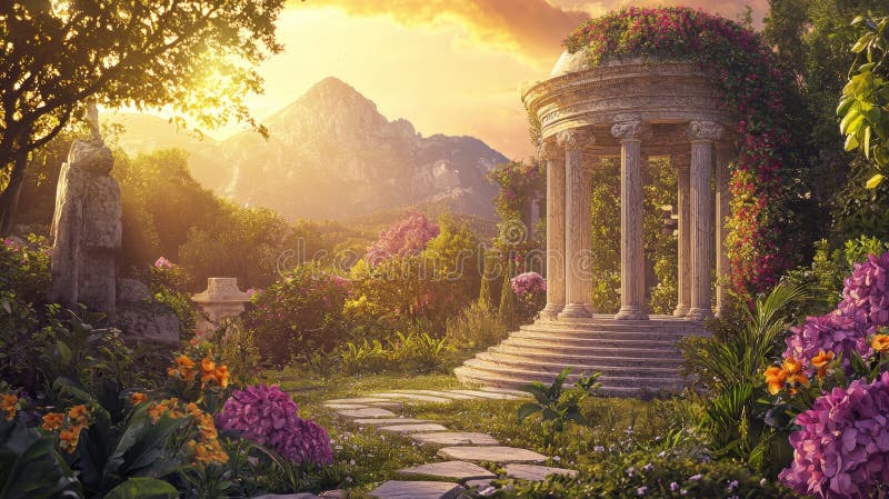 A Classic Temple Backdrop Surrounded by Lush Greenery and a Soft Pastel ...