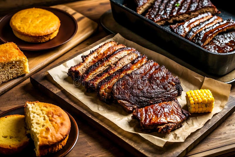 A Classic Texas BBQ Scene with Sizzling Brisket, Smoked Ribs, and ...