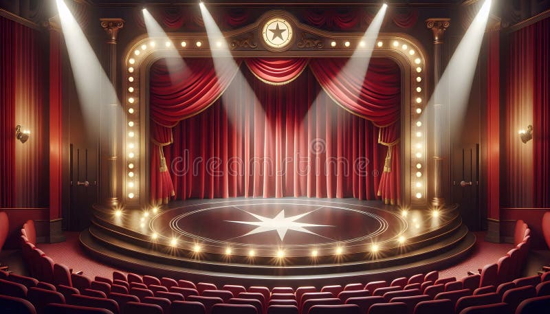A Classic Theater Stage with Red Curtains, Spotlights, and a Circular ...
