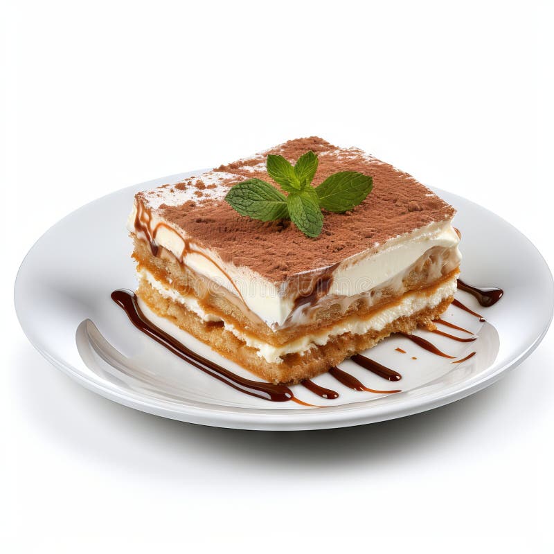 Classic Tiramisu Dessert On Ceramic Plate Isolated On White Background Stock Illustration