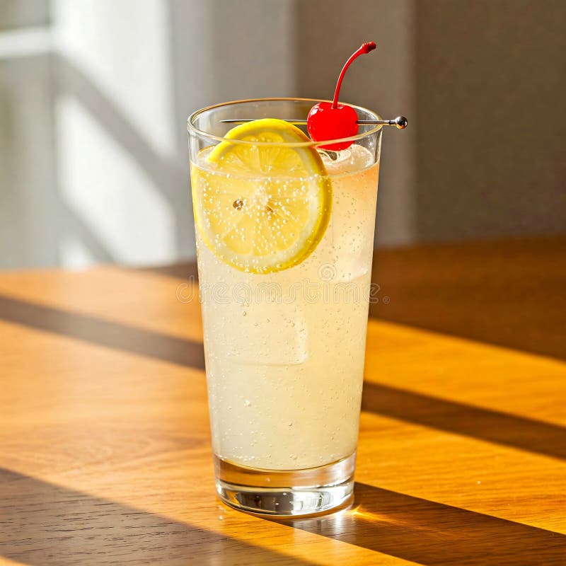 Classic Tom Collins with Lemon and Cherry Stock Illustration - Illustration of spring, light ...