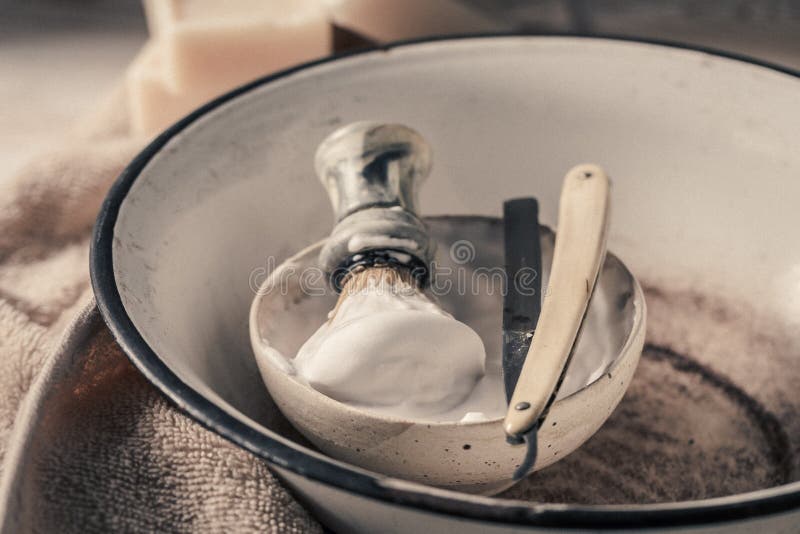 Classic Tools for Barber. Sharp Razor, Soap and Brush Stock Photo ...