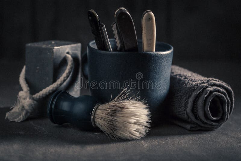 Classic Shave Tools with Grey Soap, Razor and Brush Stock Image - Image ...