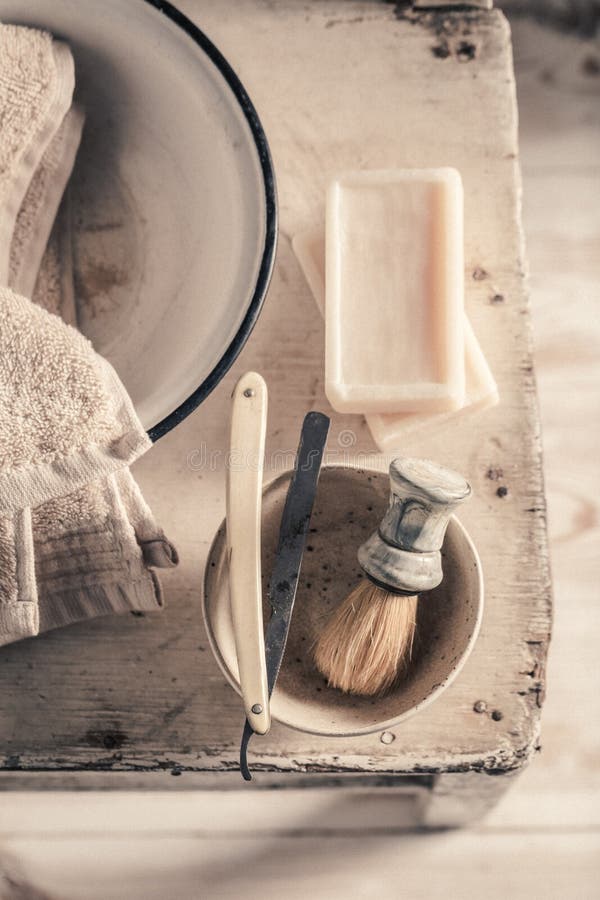 Classic Tools for Shave. Sharp Razor, Soap and Brush Stock Photo ...