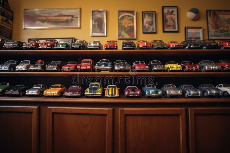 Classic Toy Cars Lined Up on a Shelf Stock Illustration - Illustration ...