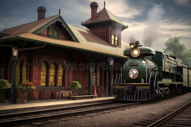 Classic Train Station with Restored Locomotive Stock Illustration ...