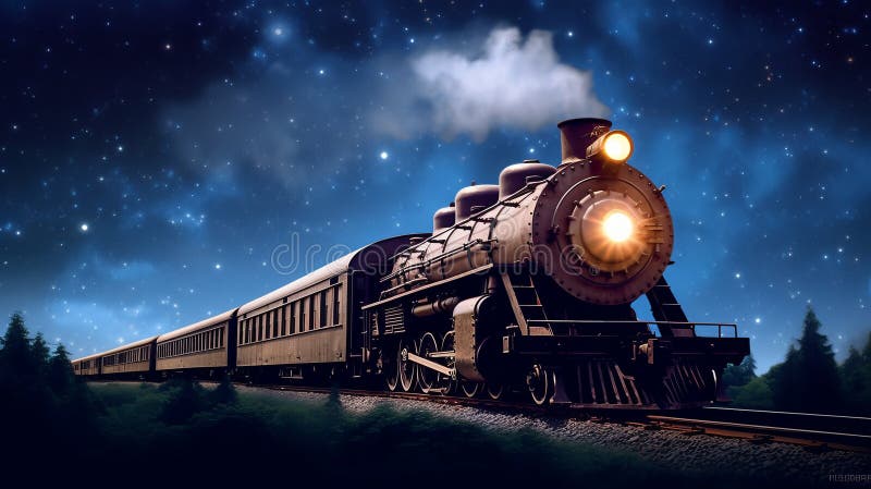 Classic Train with Steam Locomotive Over a Starry Sky at Night Stock ...