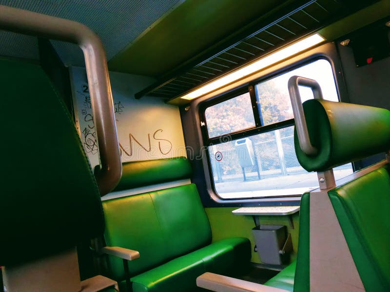 Classic Train Wagon with Green Seats, Inside a Passenger Train. Stock ...