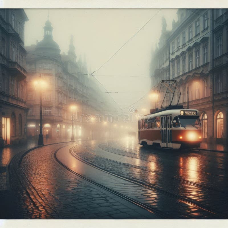 A Classic Tram Passing through the Mist Stock Illustration ...