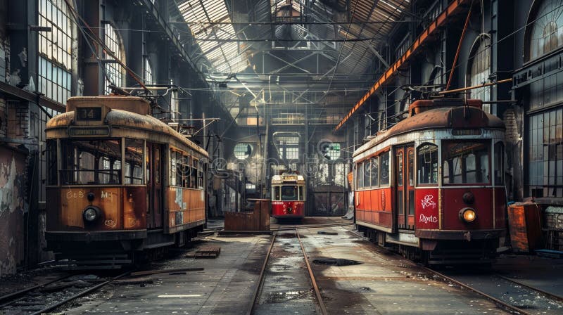 Classic Trams in an Old Depot Stock Image - Image of passenger, urban ...