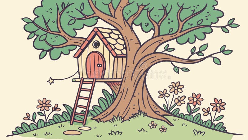Classic Treehouse in Blooming Landscape, Idyllic Setting, Vector Design ...