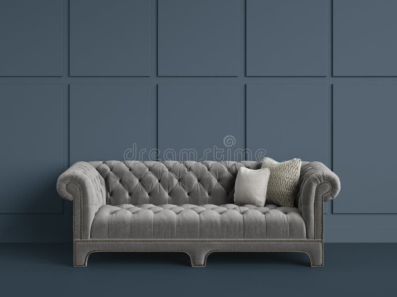Classic Tufted Sofa in Empty Room with Grey Walls Stock Illustration ...