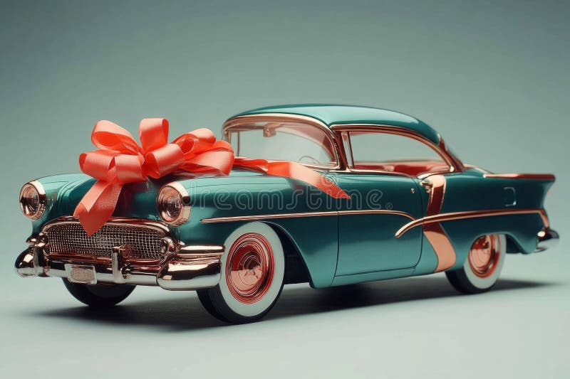 Classic Turquoise Car with a Red Bow Sitting on a Pastel Background ...