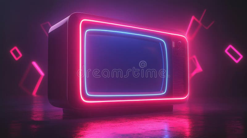 A Classic TV Illuminated by Neon Lights in a High-tech Room with ...