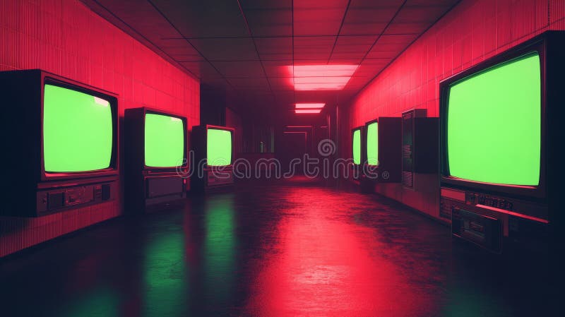 Classic TVs Showing Green Static in a Poorly Lit Space Stock Image ...